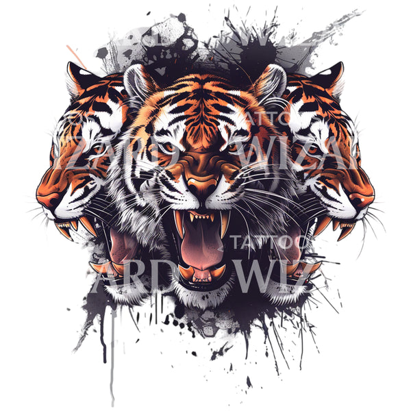 Three Headed Tiger Tattoo Design – Tattoos Wizard Designs