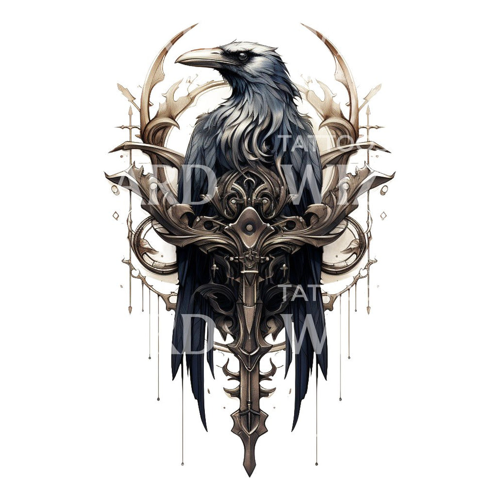 Majestic Crow on Dagger Tattoo Design – Tattoos Wizard Designs