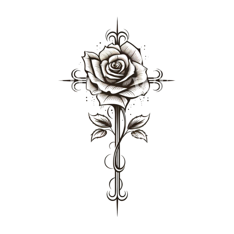 Black & Grey Cross with Blooming Rose Tattoo Design – Tattoos Wizard ...