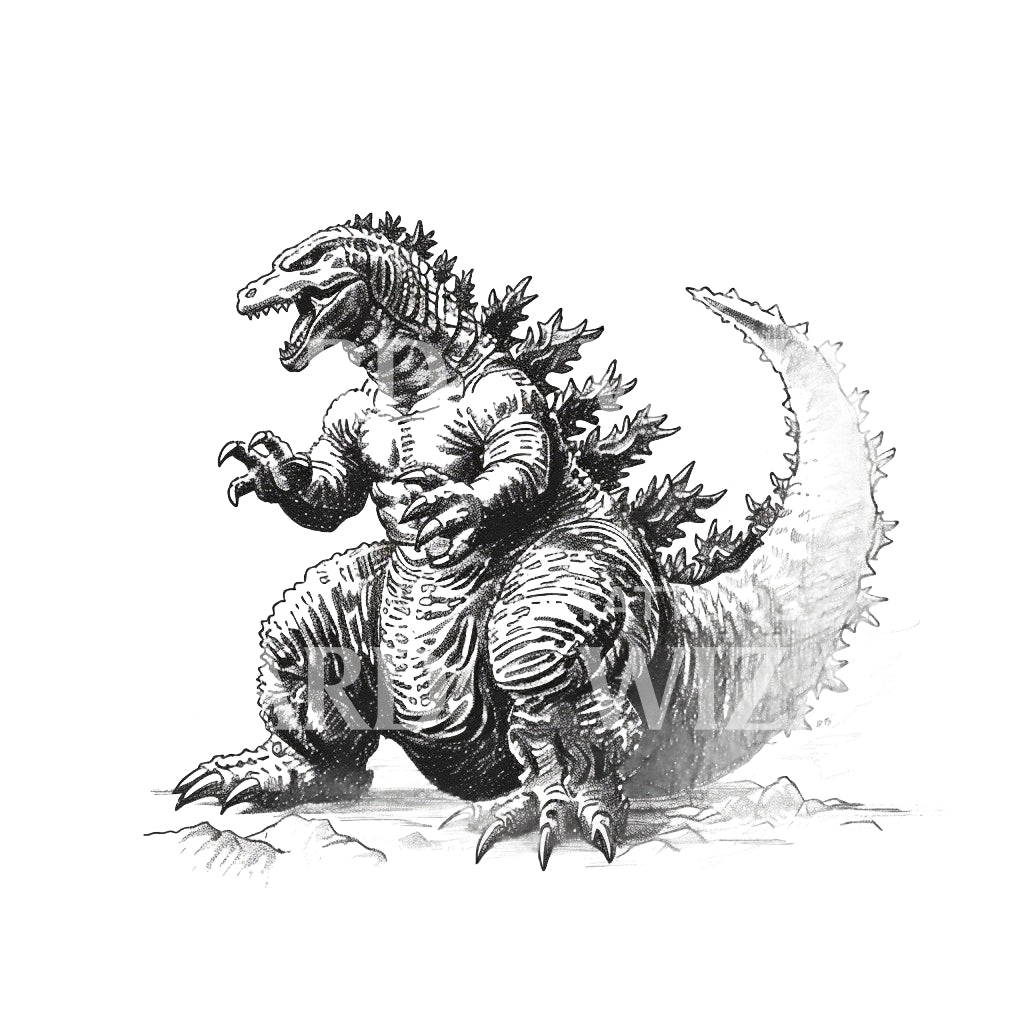 Cross-hatched Drawing of Godzilla Tattoo Design – Tattoos Wizard Designs