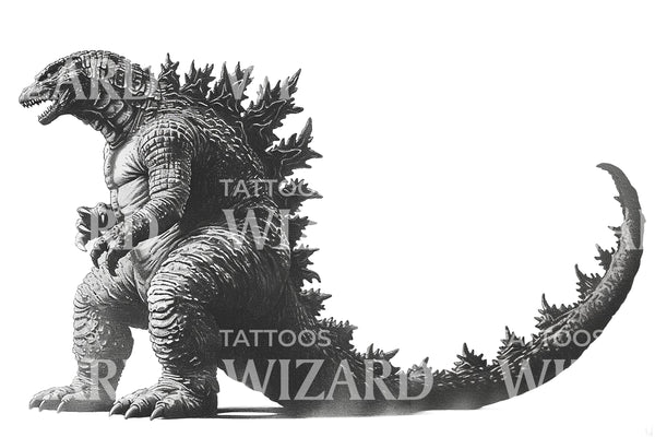 Godzilla Black & Grey Ink Tattoo Design – Tattoos Wizard Designs