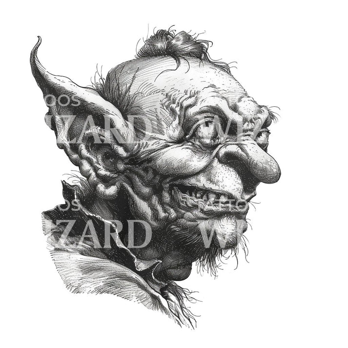 Mischievous Goblin With Troll Face Tattoo Idea – Tattoos Wizard Designs