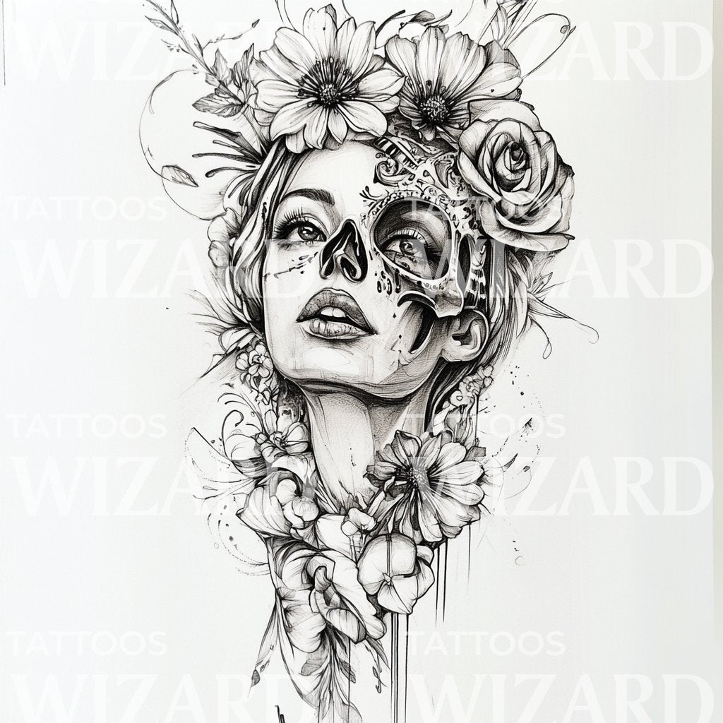 Surrealist Girl with Face Mask Tattoo Design – Tattoos Wizard Designs