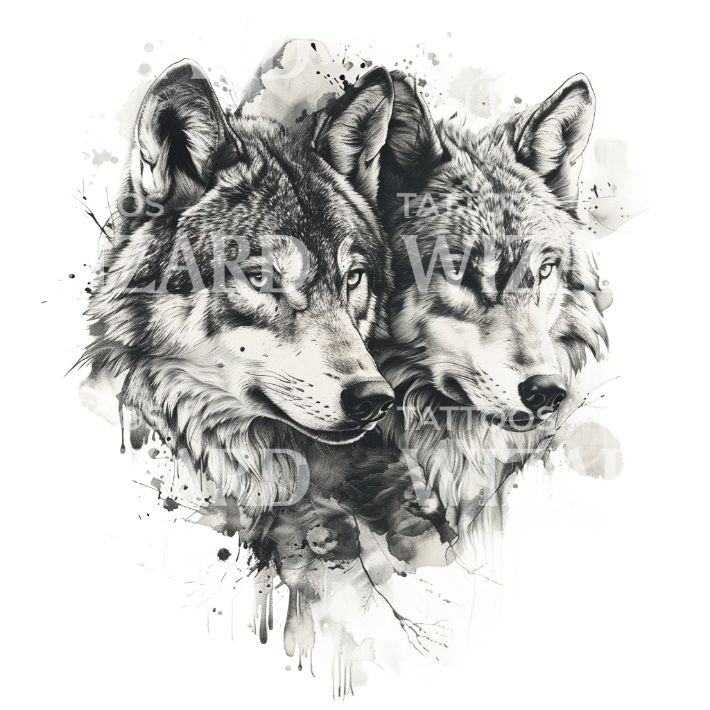 Two Wolves Facing the Same Direction Tattoo Design – Tattoos Wizard Designs