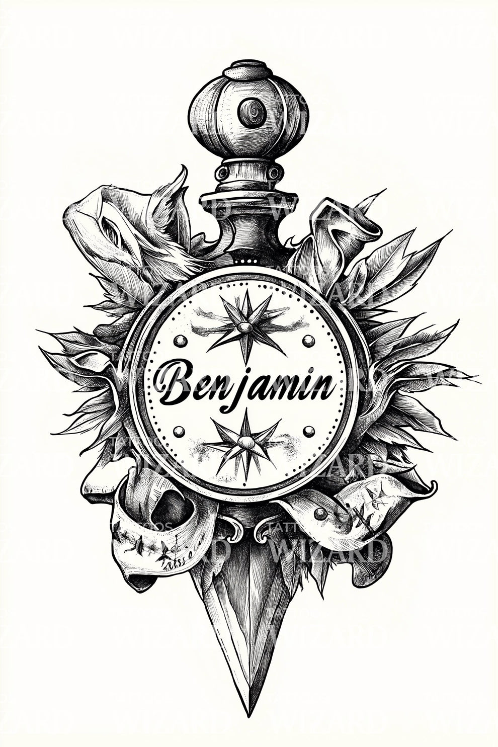 Benjamin Compass Dagger Tattoo Design – Tattoos Wizard Designs