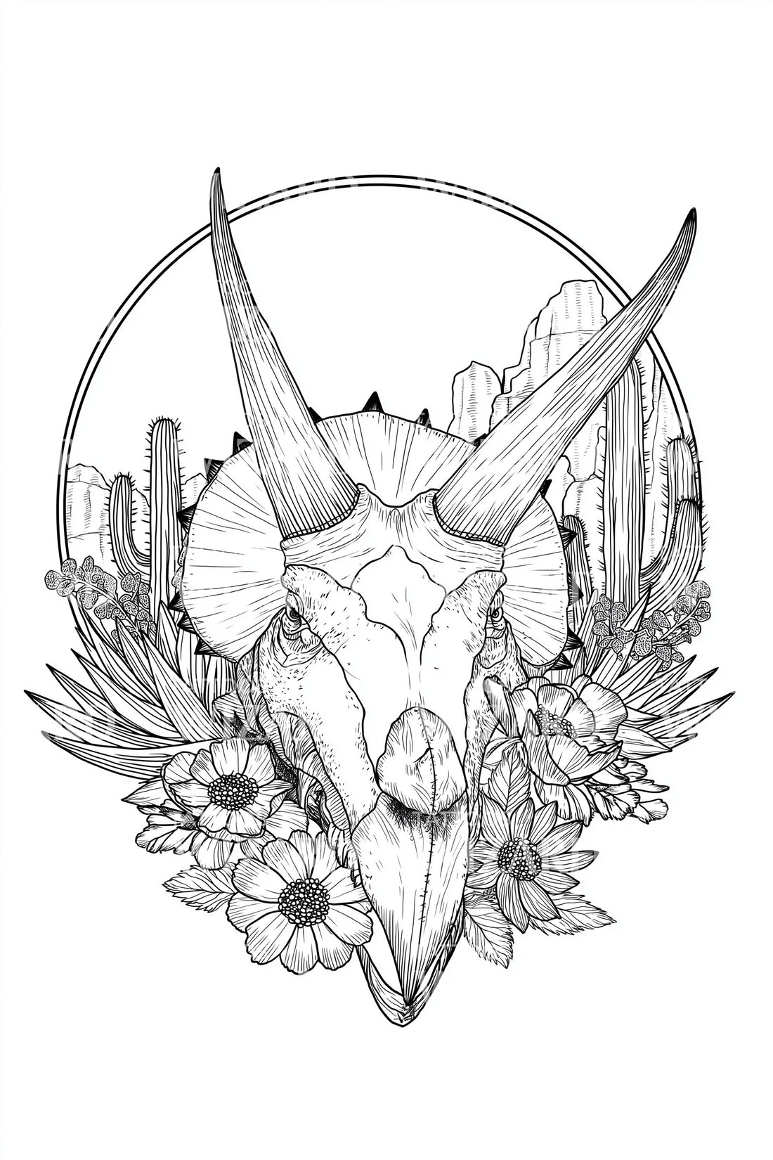 Botanical Triceratops Skull Tattoo Design – Tattoos Wizard Designs