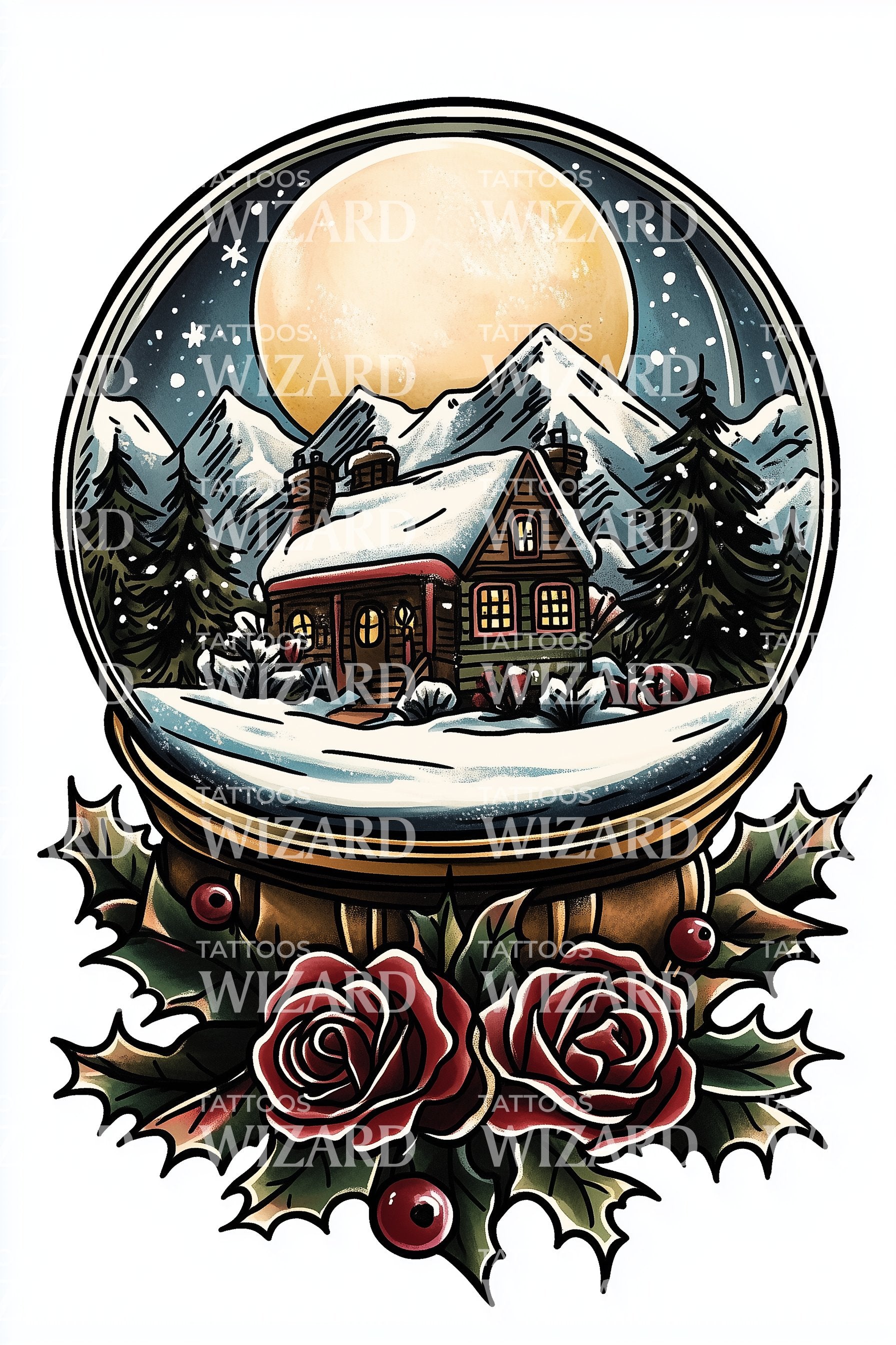 Cabin Snowglobe Scene Tattoo Design – Tattoos Wizard Designs