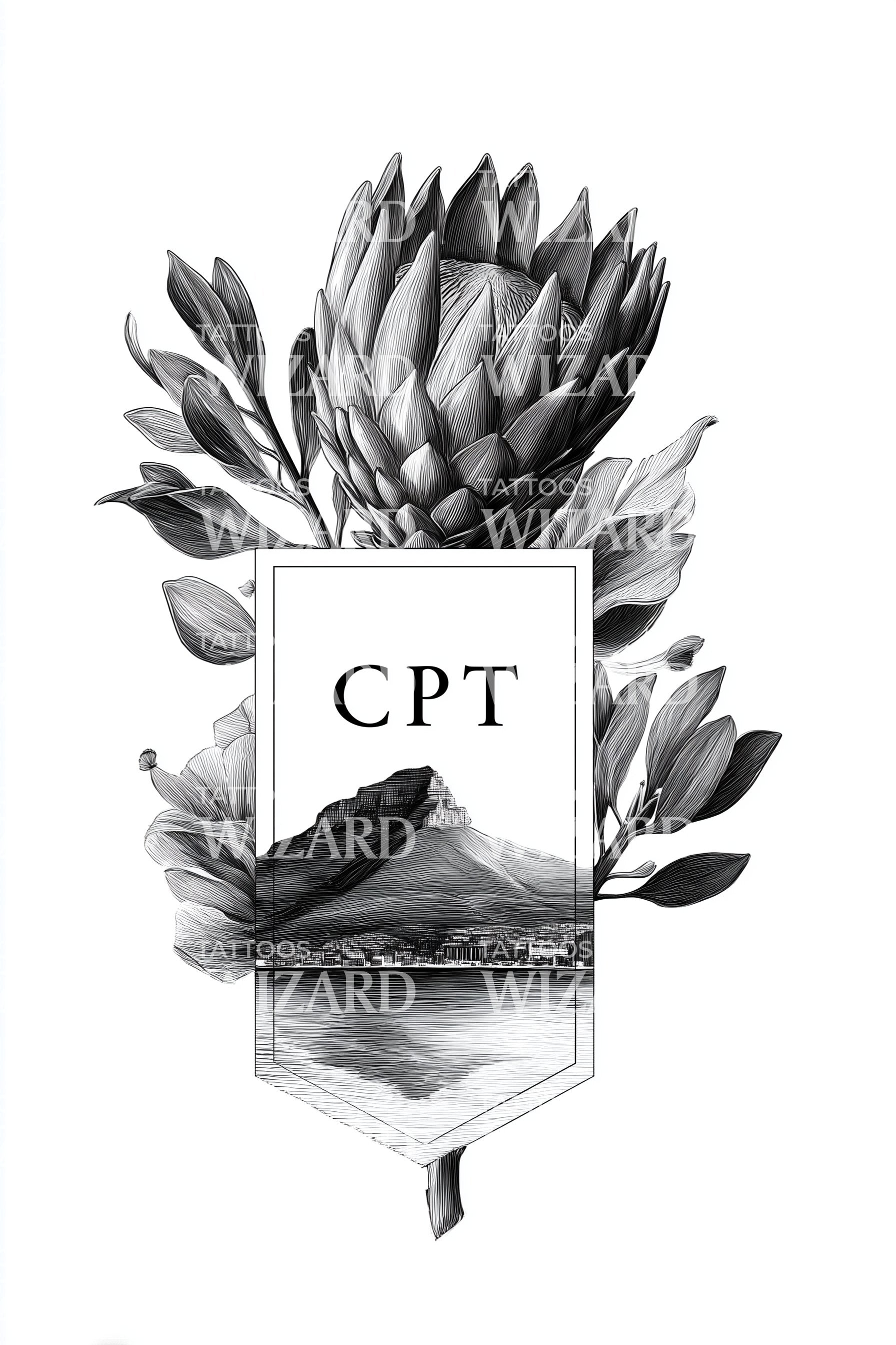 Cape Town CPT Protea Emblem Tattoo Design – Tattoos Wizard Designs