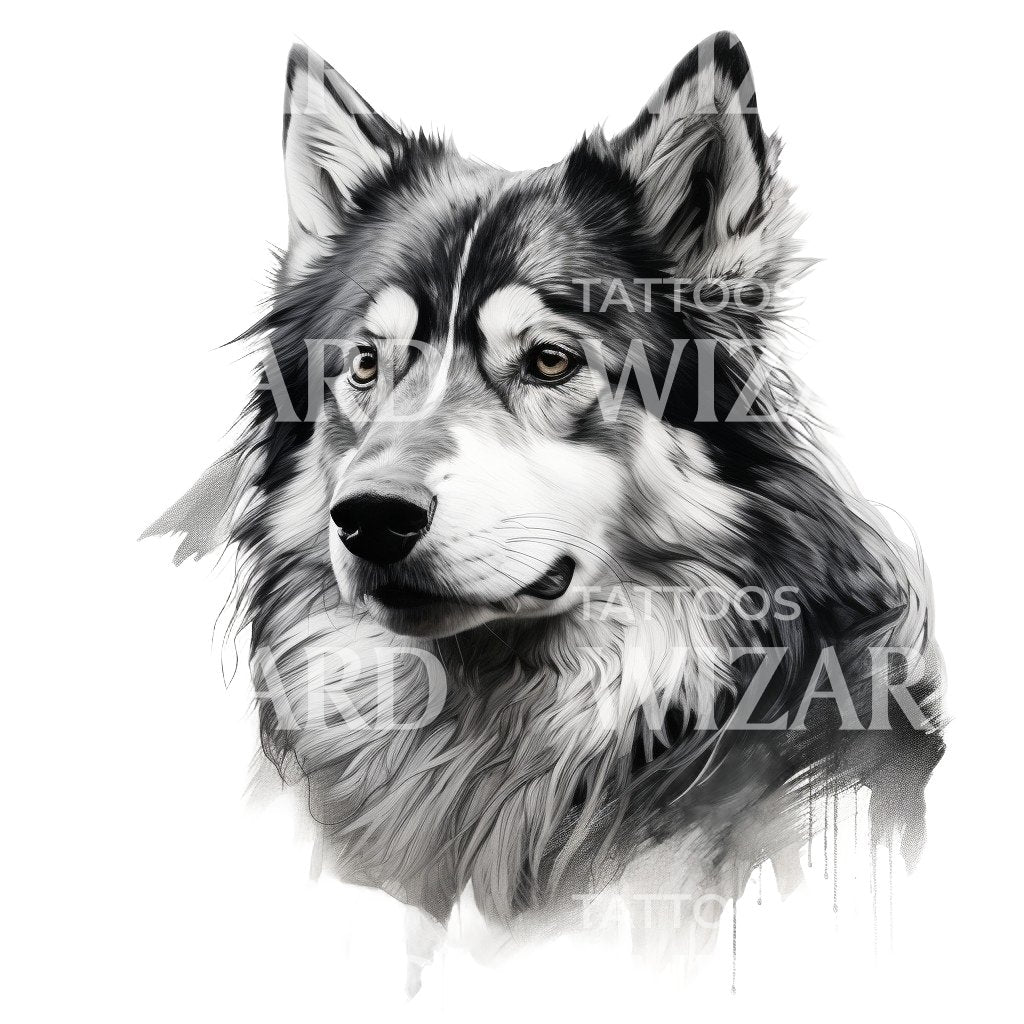 Majestic Husky Dog Portrait Tattoo Design – Tattoos Wizard Designs