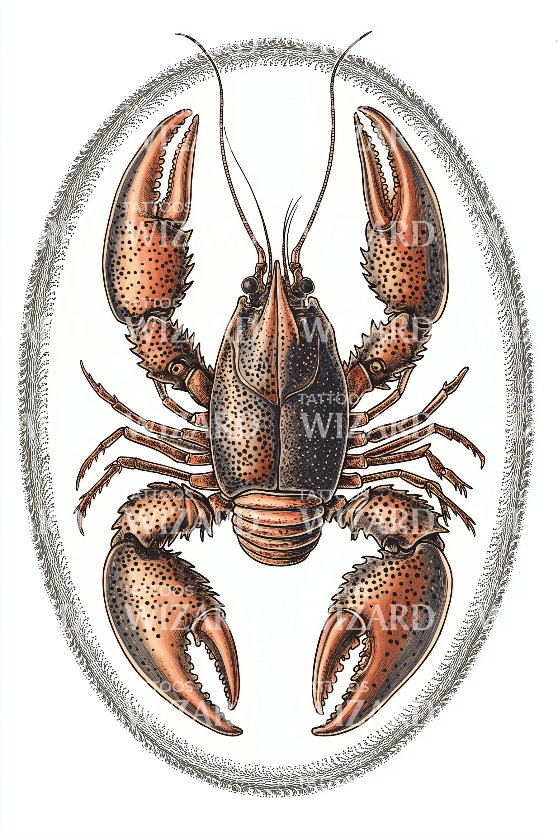 Copper Lobster Oval Tattoo Idea – Tattoos Wizard Designs