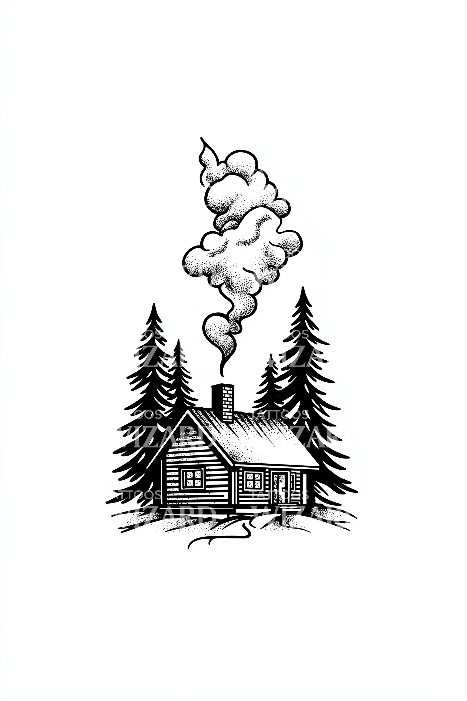Cozy Cabin Smoke Tattoo Illustration – Tattoos Wizard Designs