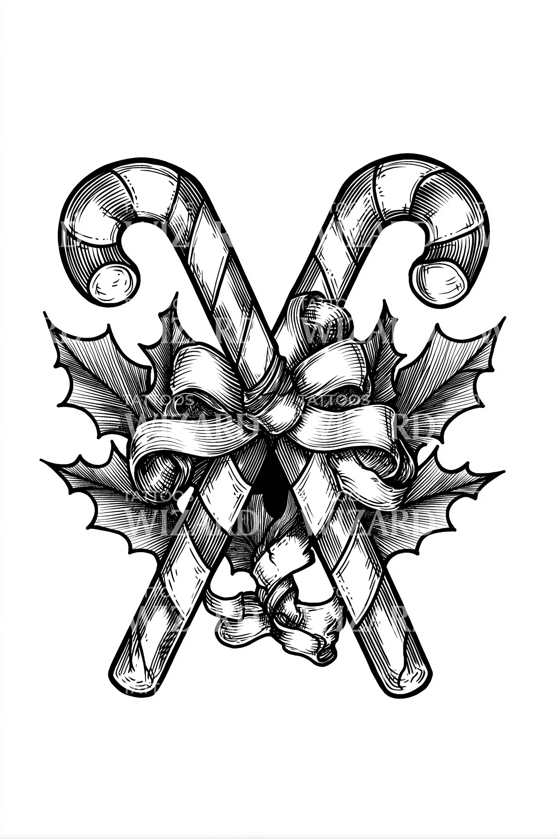Crossed Candy Cane Holly Tattoo Design – Tattoos Wizard Designs