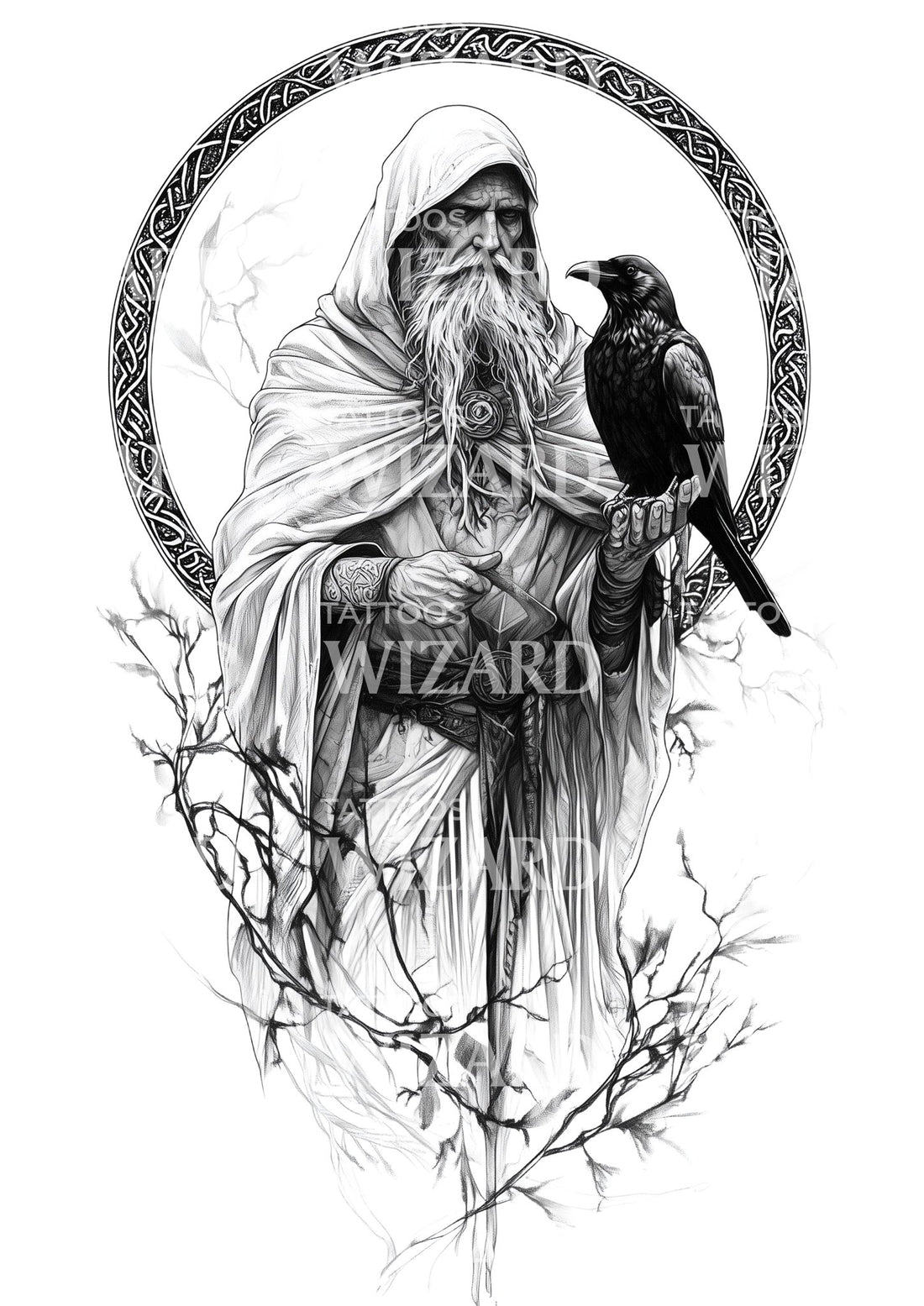 Druid Mystic with Raven Tattoo Design – Tattoos Wizard Designs
