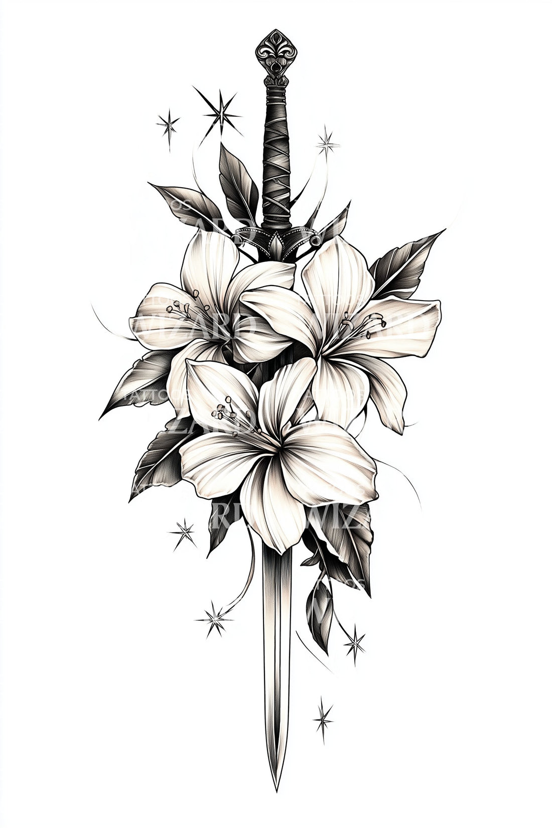 Fineline Sword with Jasmine Tattoo Design – Tattoos Wizard Designs