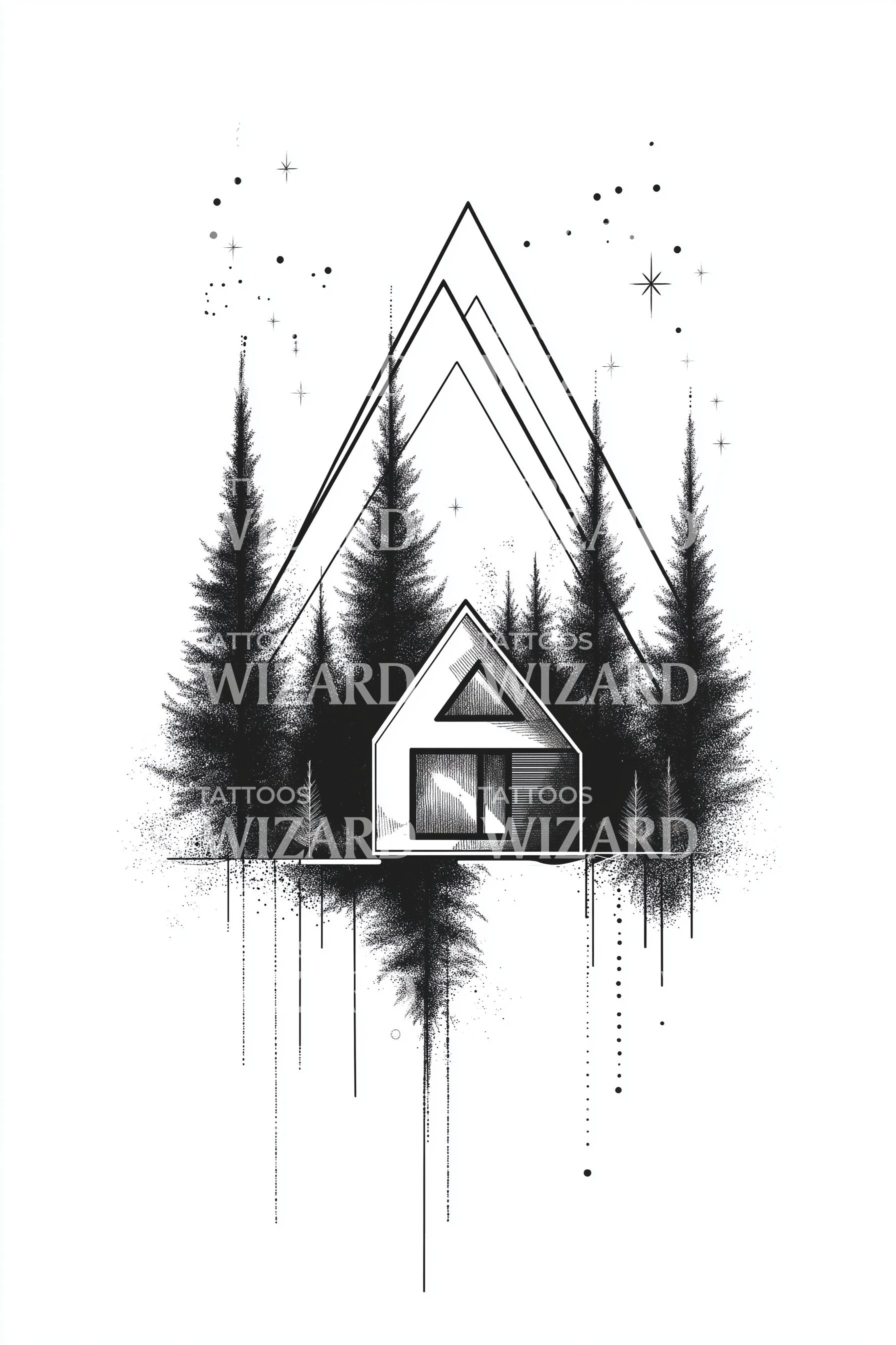 Forest Cabin Reflection Tattoo Design – Tattoos Wizard Designs
