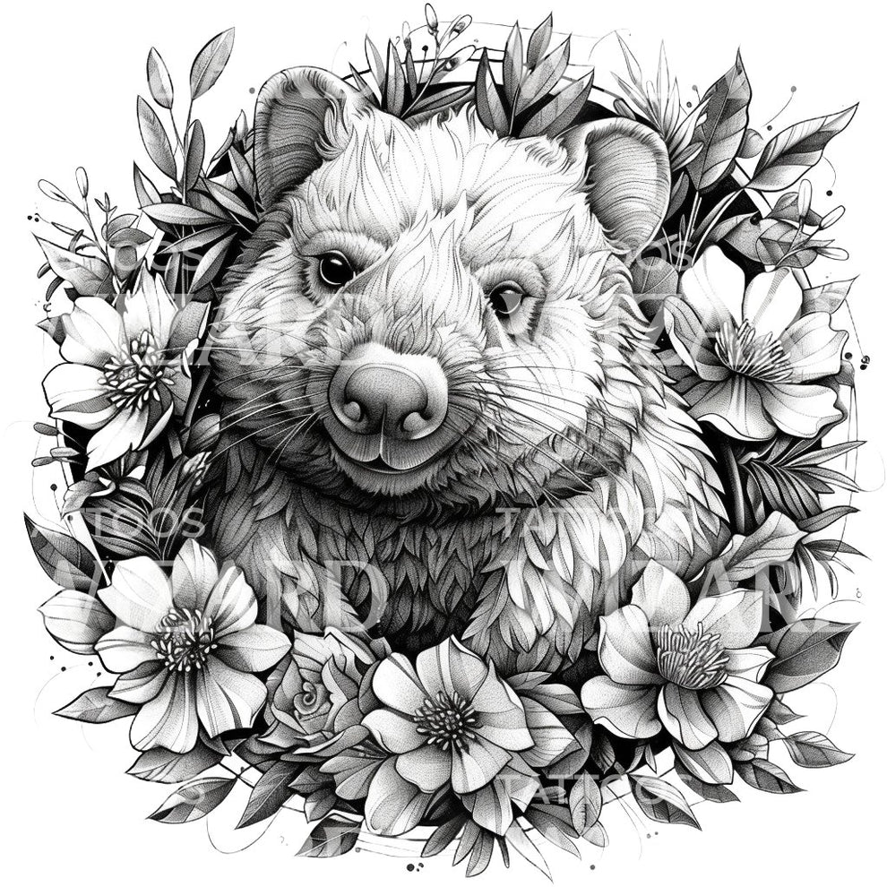 Smiling Wombat with Flowers Tattoo Design – Tattoos Wizard Designs