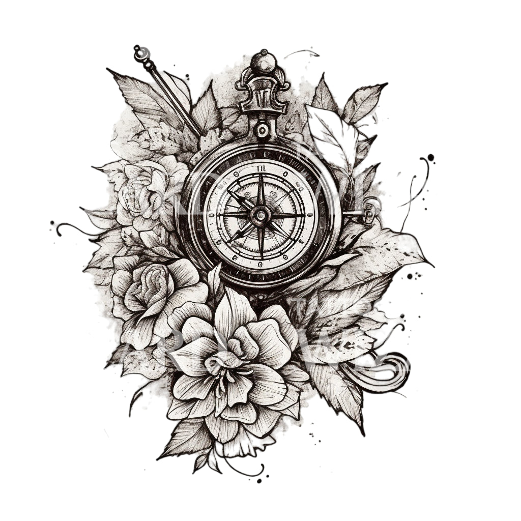 Sketch Compass with Flowers Design – Tattoos Wizard Designs