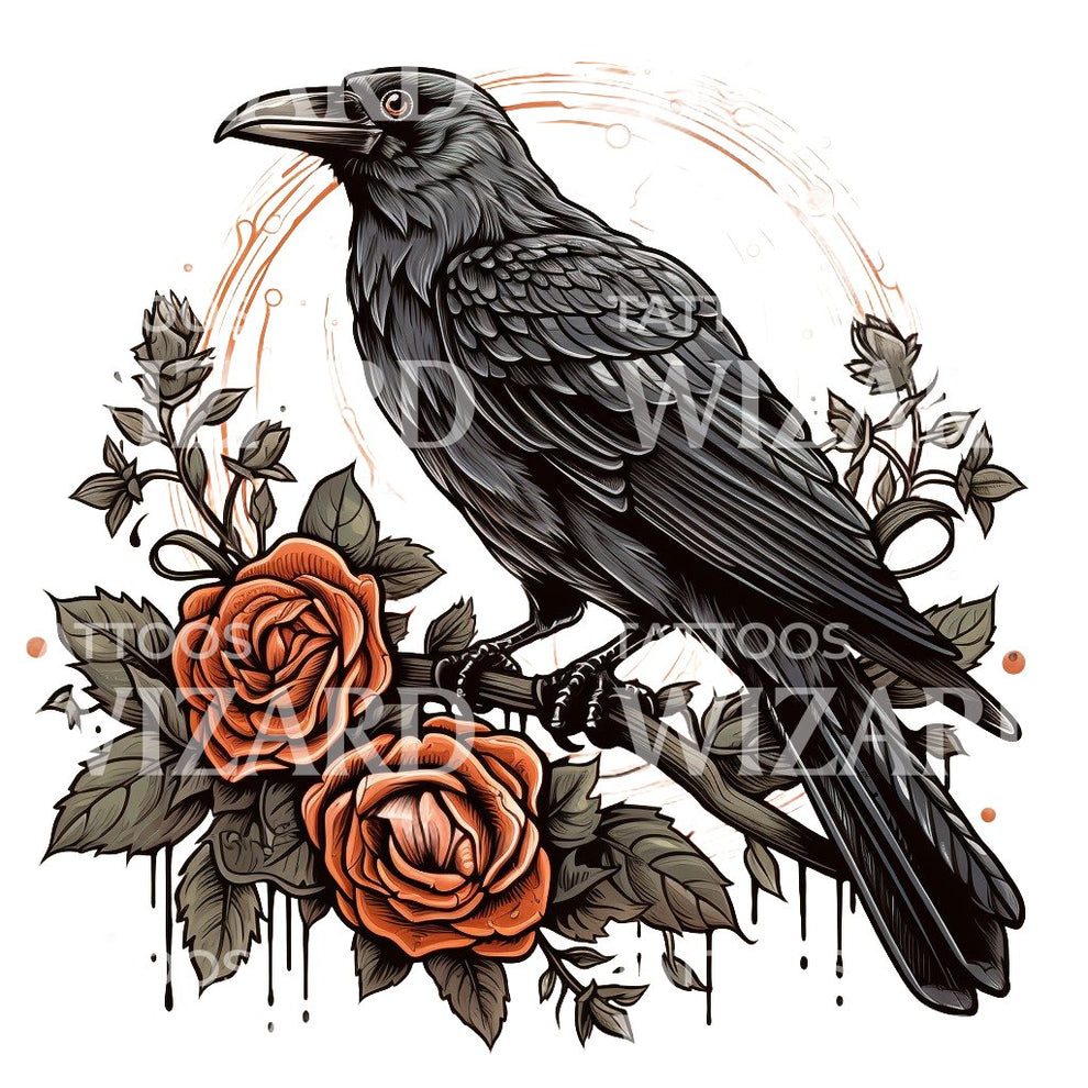 Crow and Roses Old School Tattoo Design – Tattoos Wizard Designs