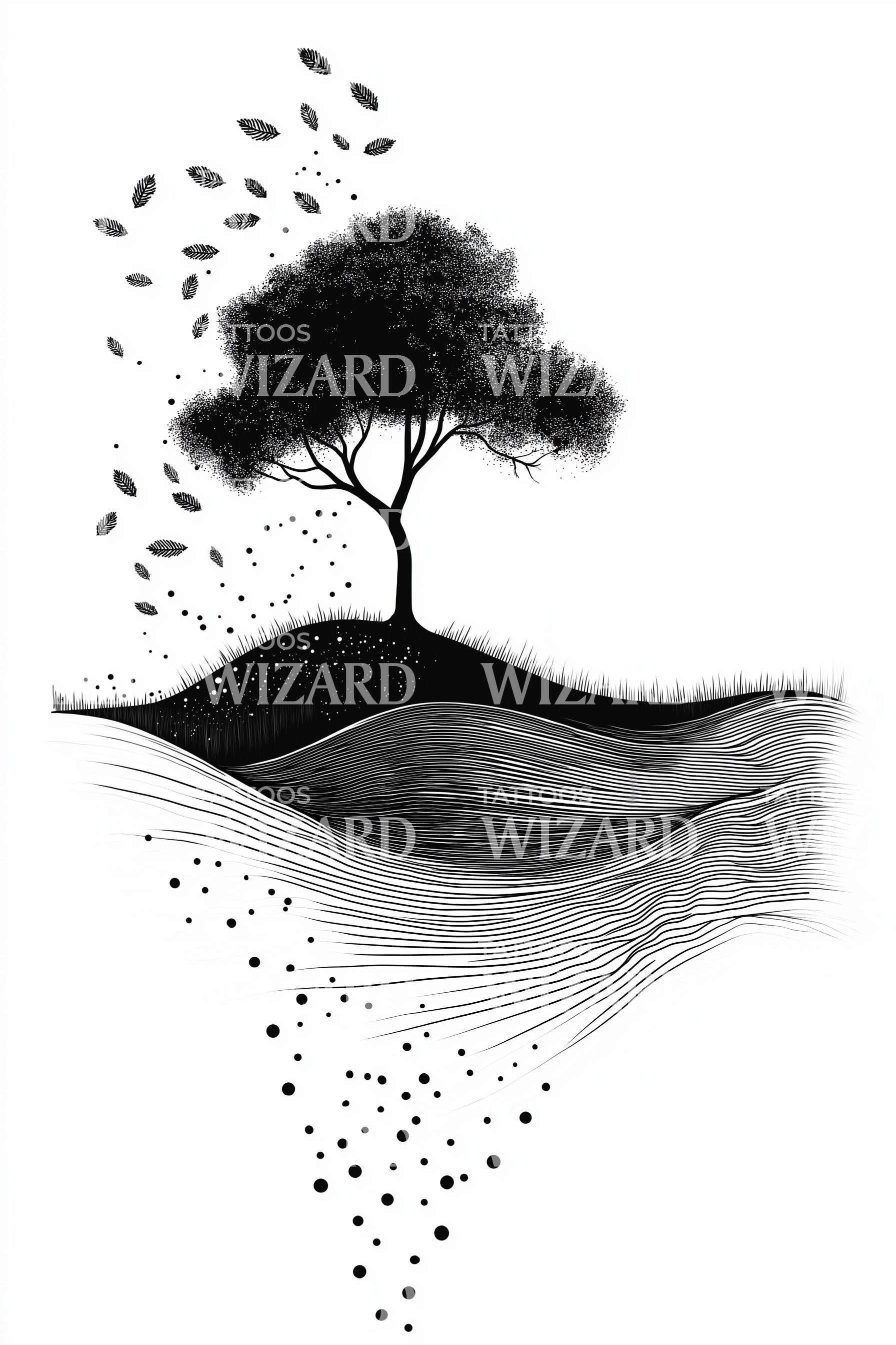 Hillside Tree Drift Tattoo Design – Tattoos Wizard Designs