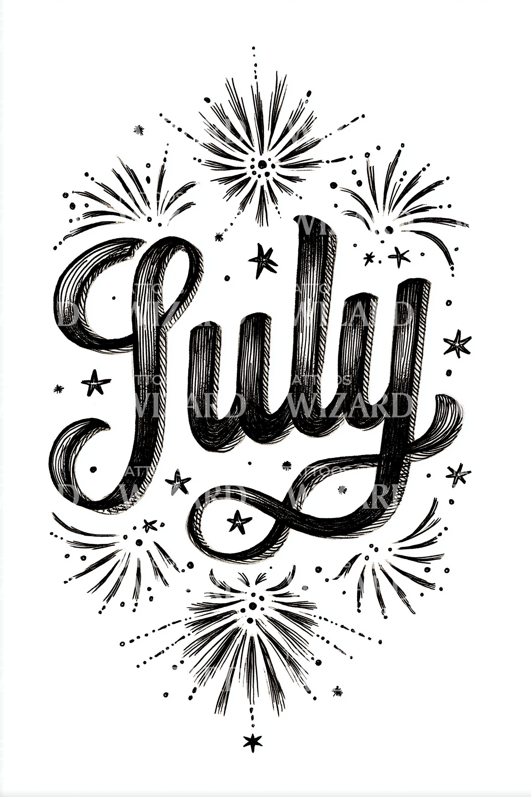 July Radiant Starburst Script Tattoo Design – Tattoos Wizard Designs