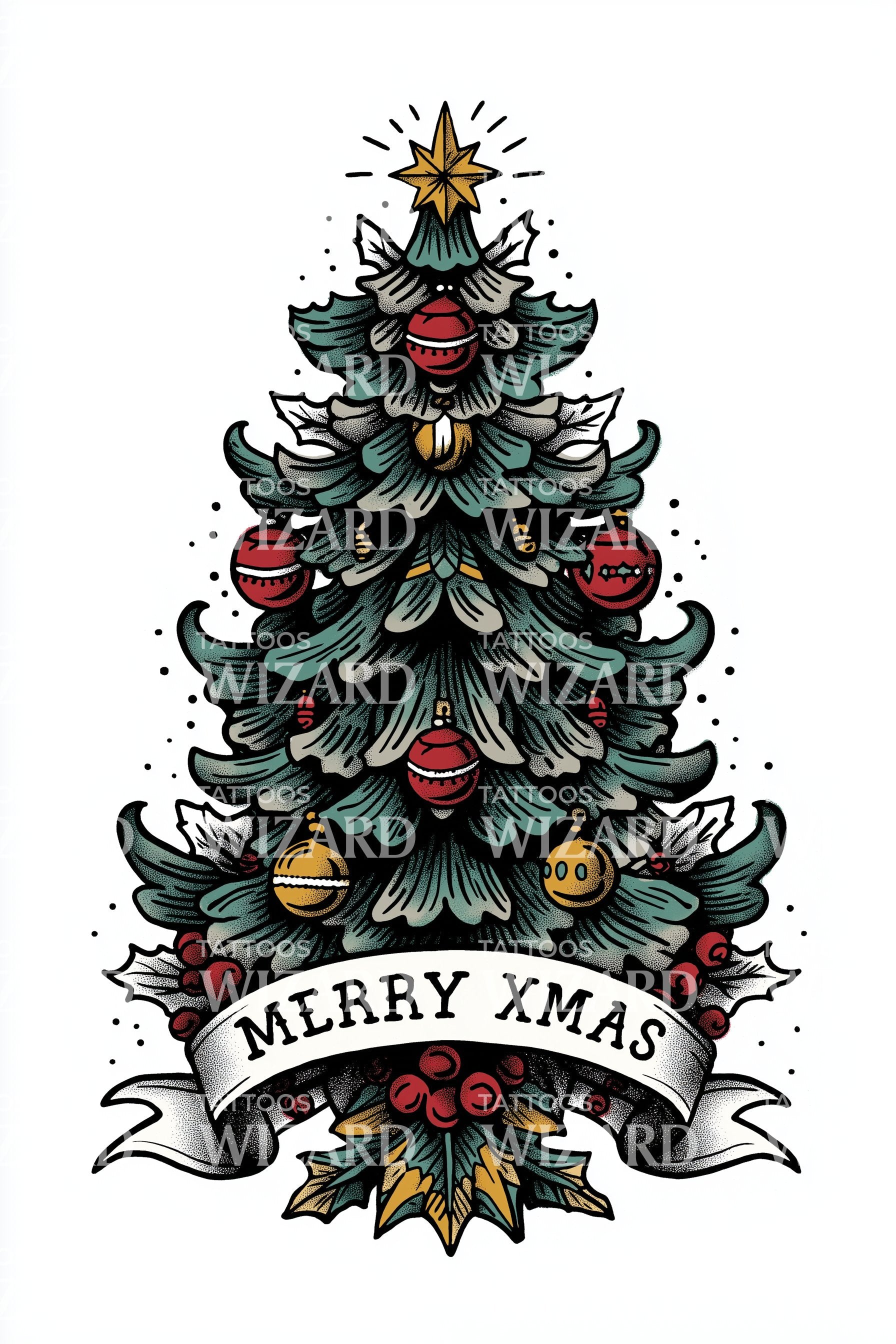 Merry Xmas Tree Tattoo Illustration – Tattoos Wizard Designs