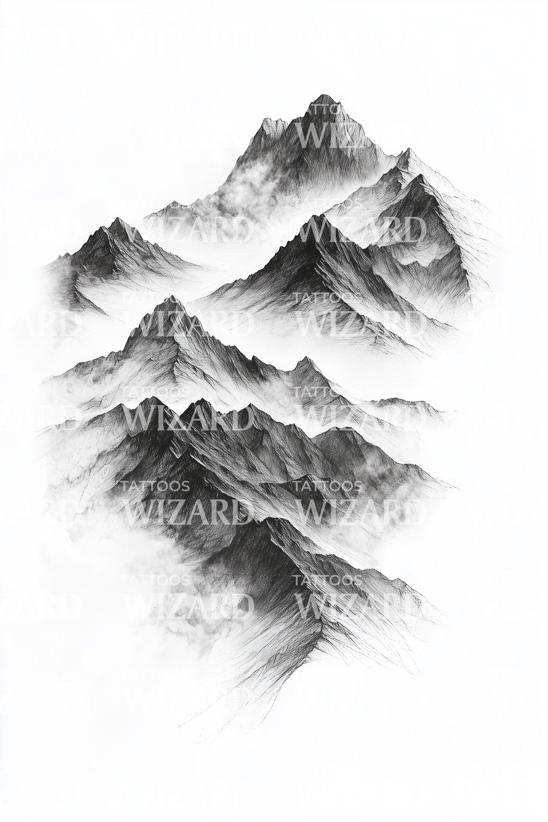 Misty Alpine Peaks Tattoo Design – Tattoos Wizard Designs