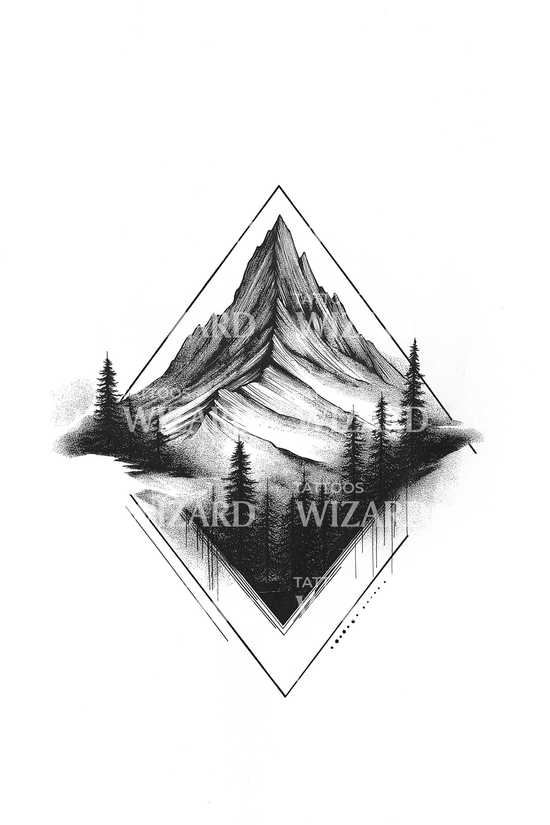Misty Pines Mountain Tattoo Illustration – Tattoos Wizard Designs
