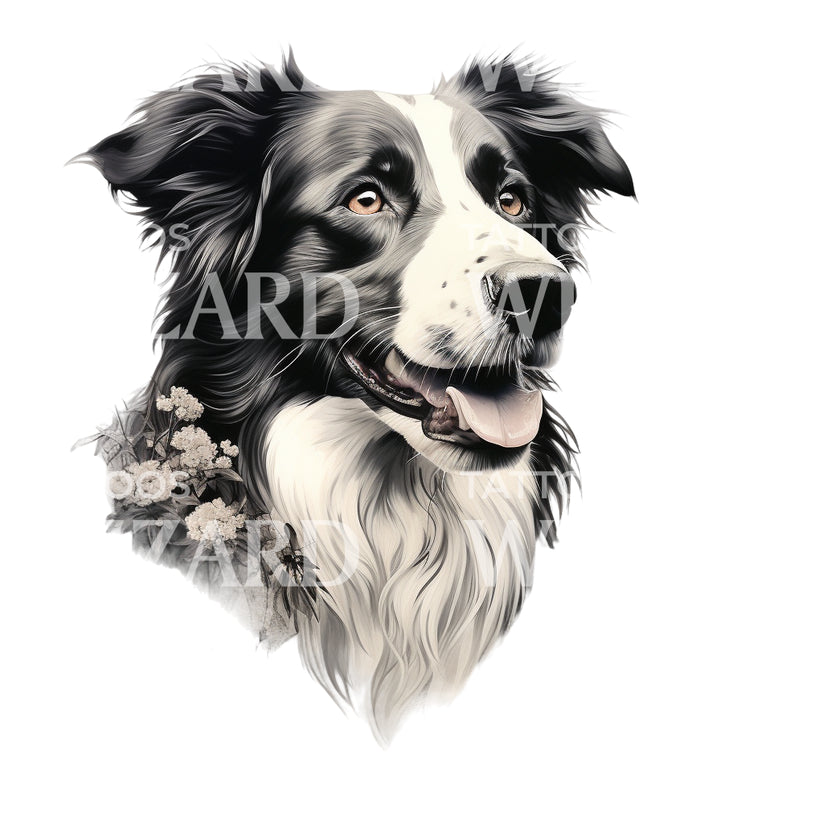 Border Collie Portrait Black & Grey Tattoo Design – Tattoos Wizard Designs