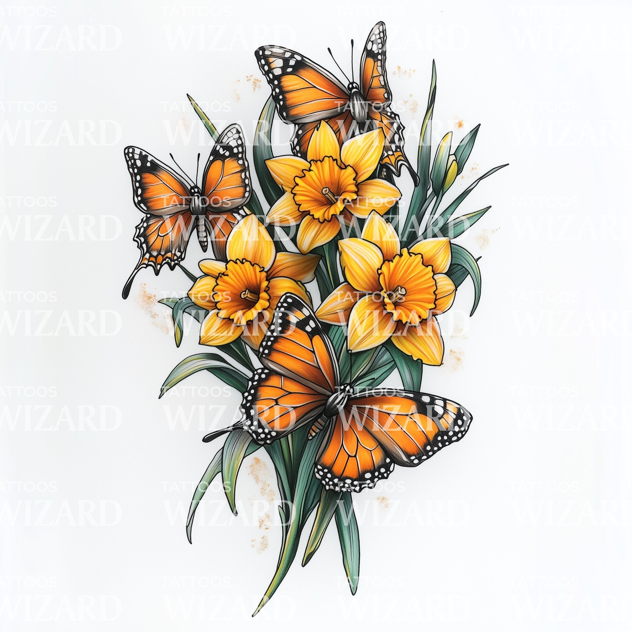 Ideia de Tatuagem de Borboletas Monarca com Flores – Tattoos Wizard Designs