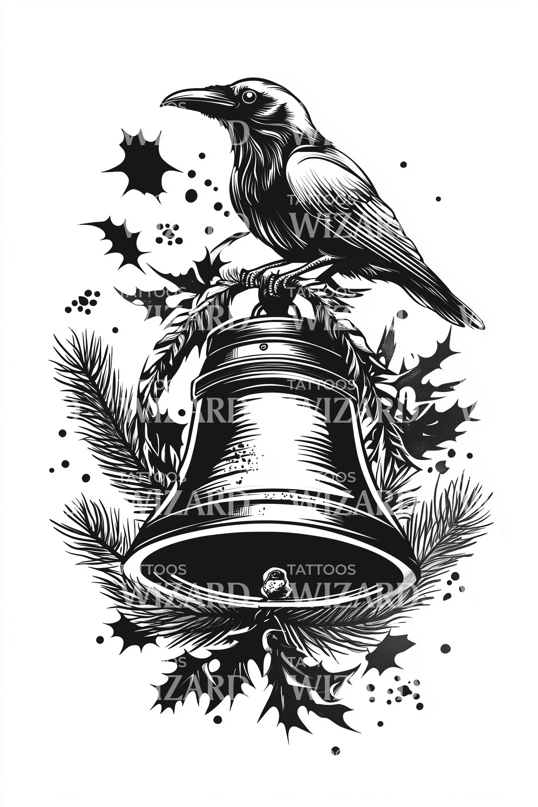 Monochrome Raven Bell Tattoo Design – Tattoos Wizard Designs