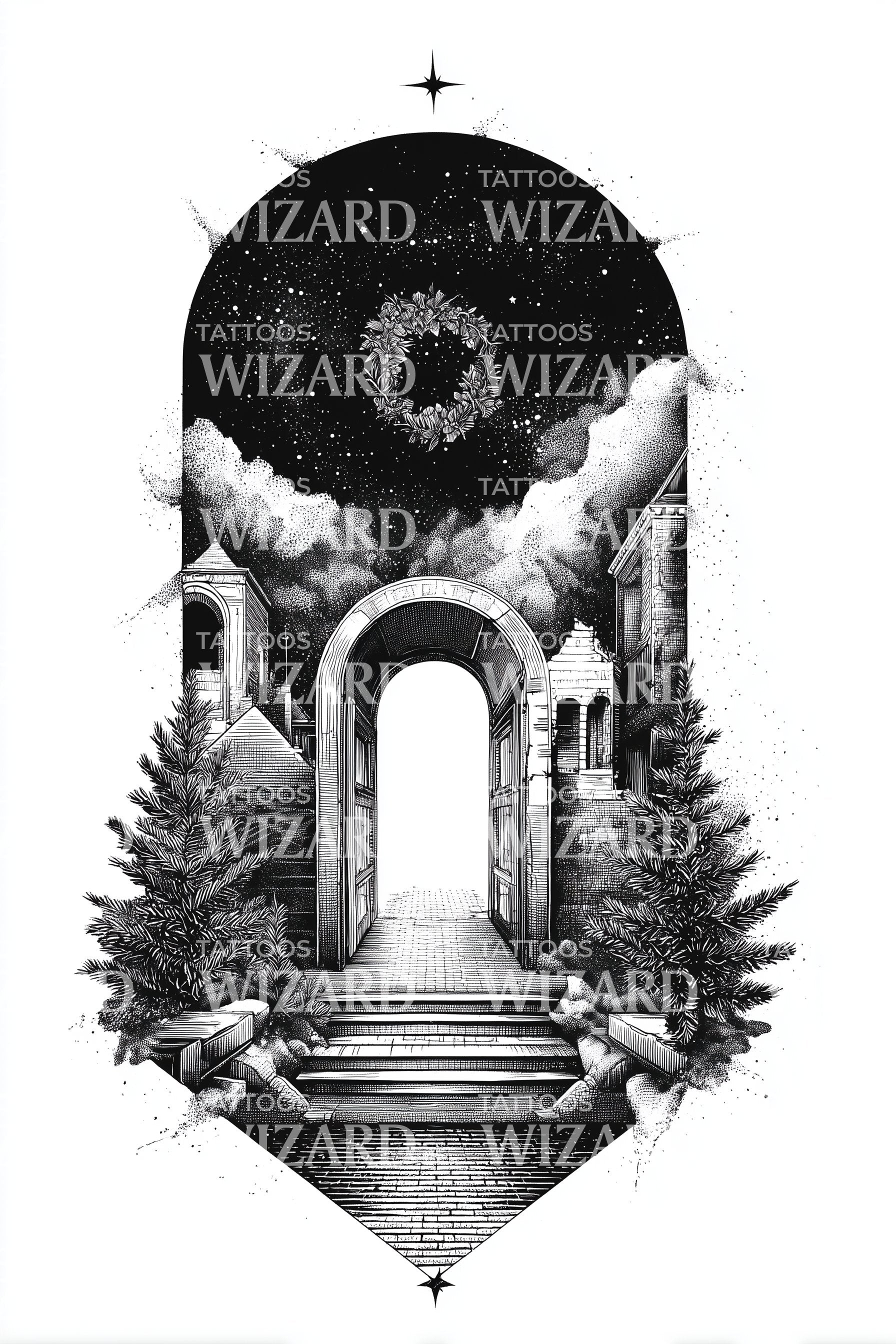 Moonlit Archway Portal Tattoo Design – Tattoos Wizard Designs