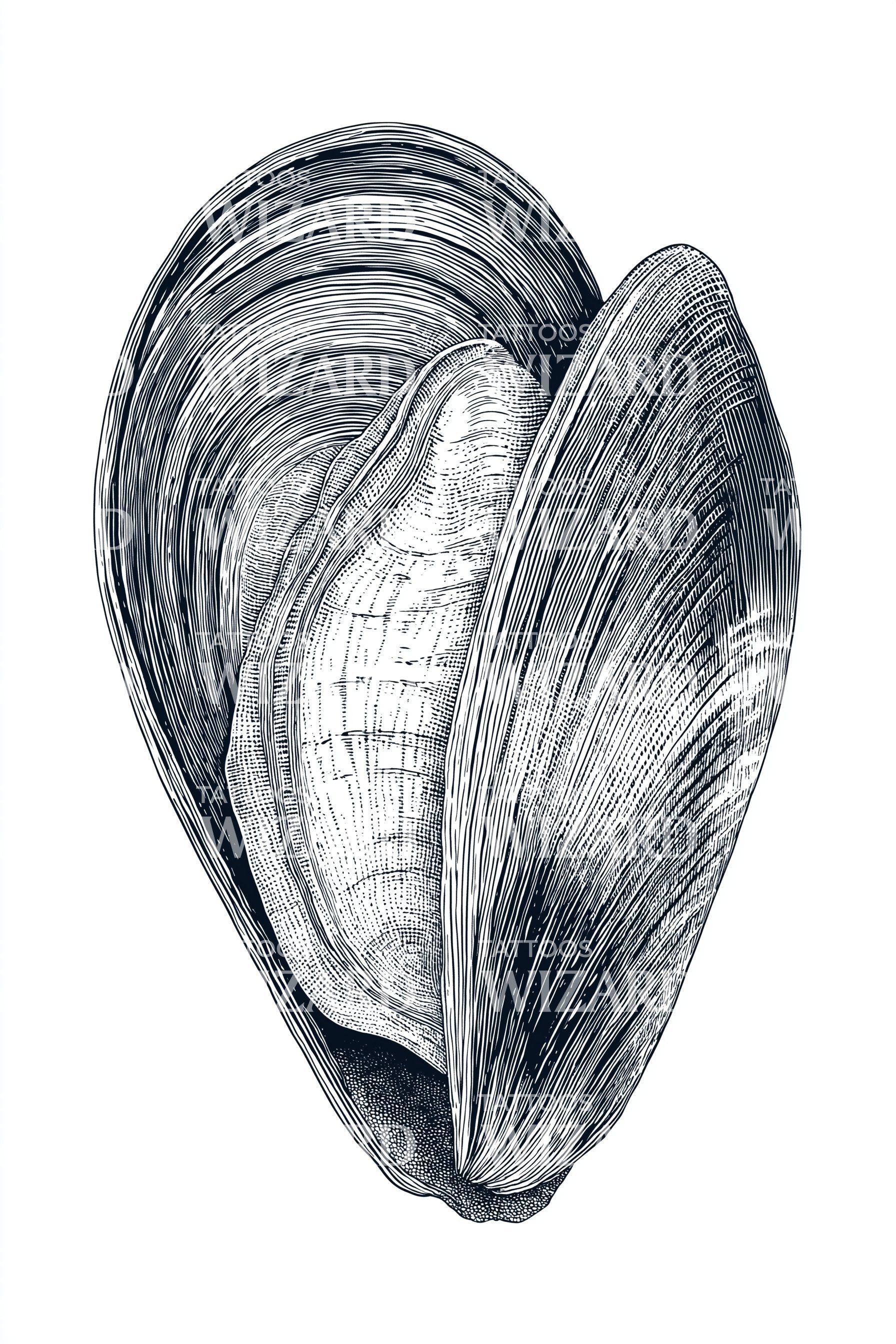 Open Mussel Shell Tattoo Illustration – Tattoos Wizard Designs