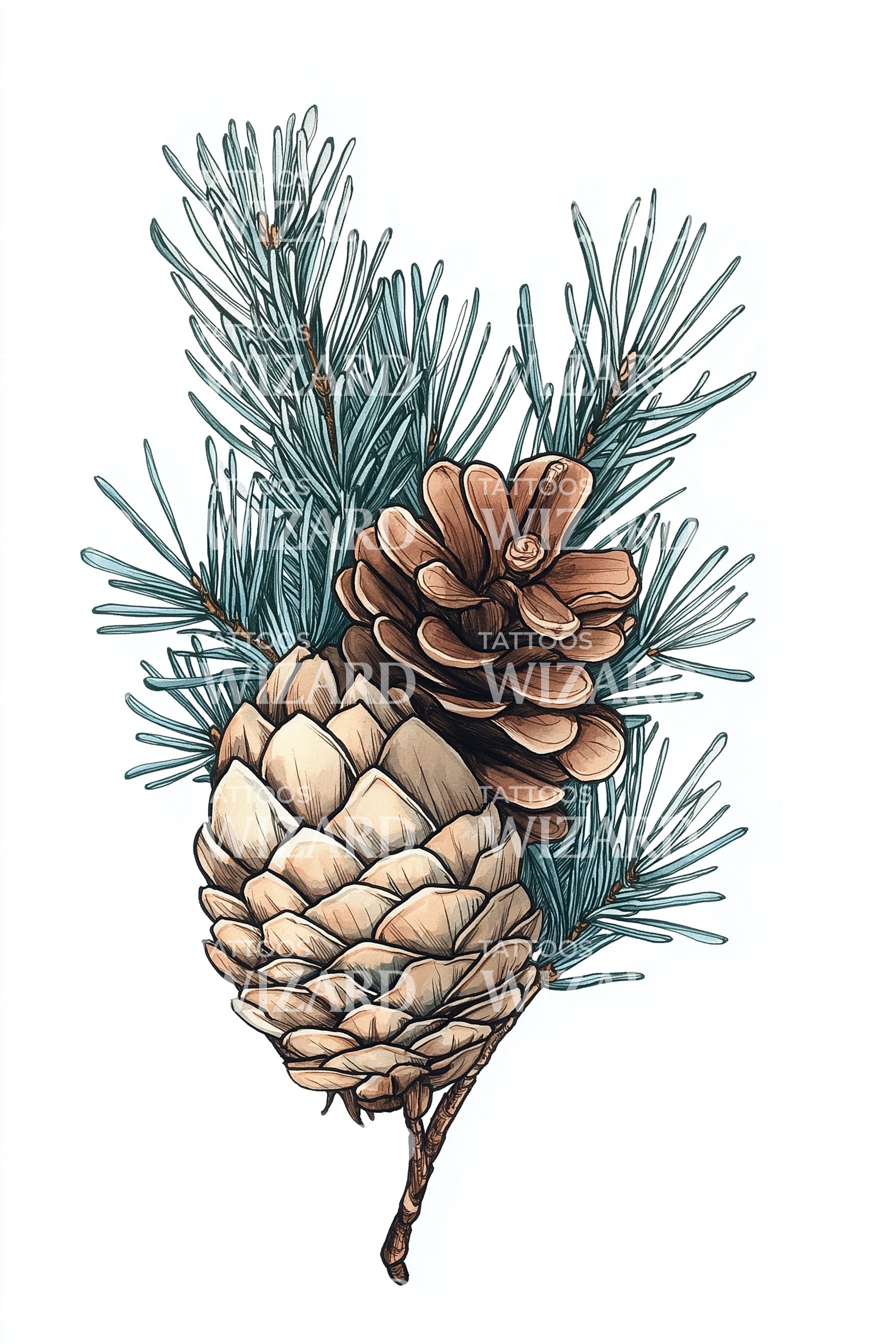 Pine Sprig Cone Tattoo Illustration – Tattoos Wizard Designs