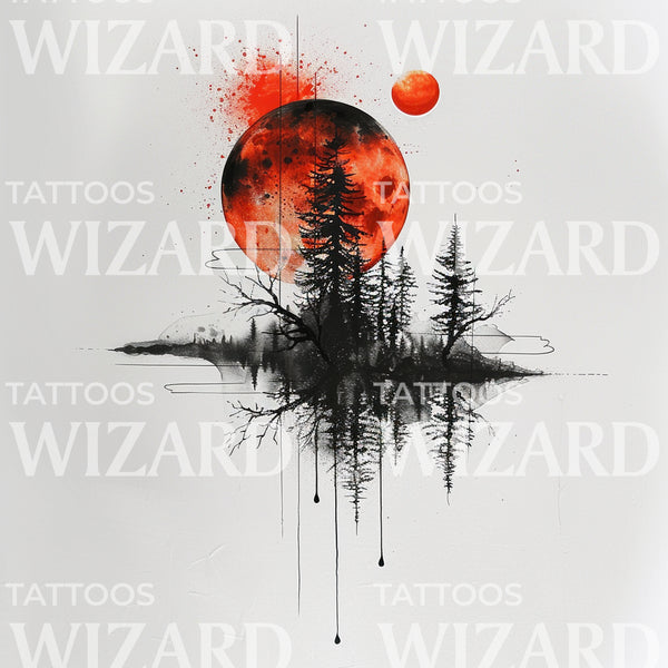 Red Moon Pine Tree Tattoo Design – Tattoos Wizard Designs