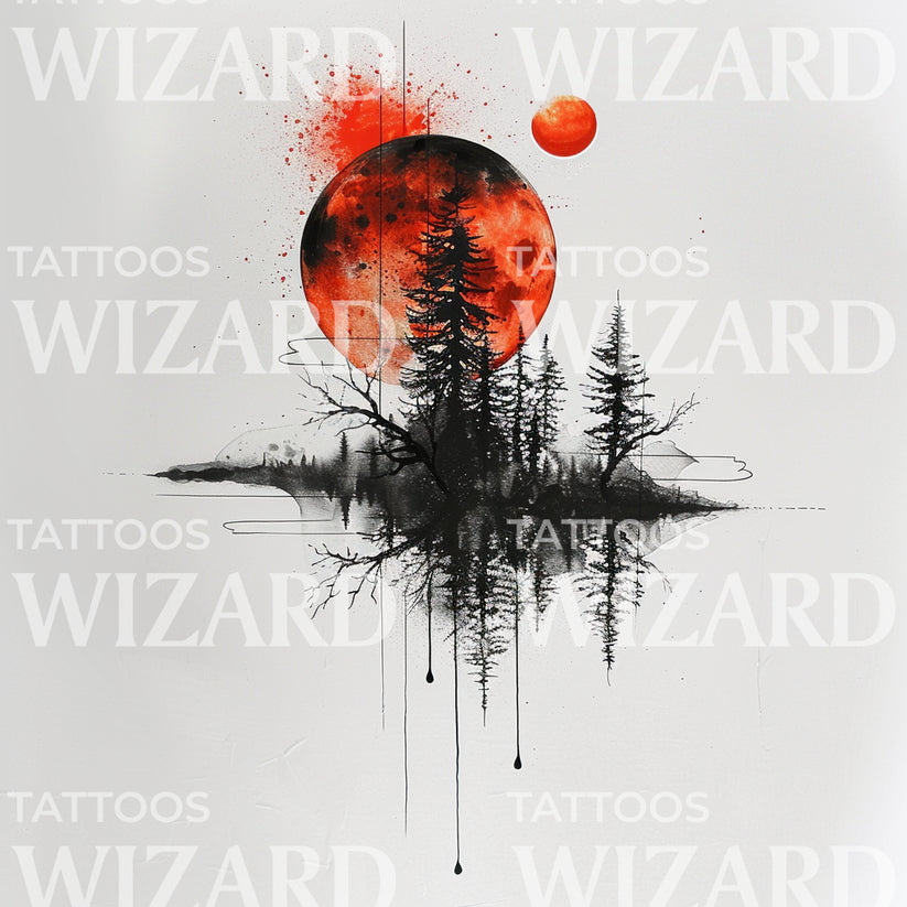 Red Moon Pine Tree Tattoo Design – Tattoos Wizard Designs