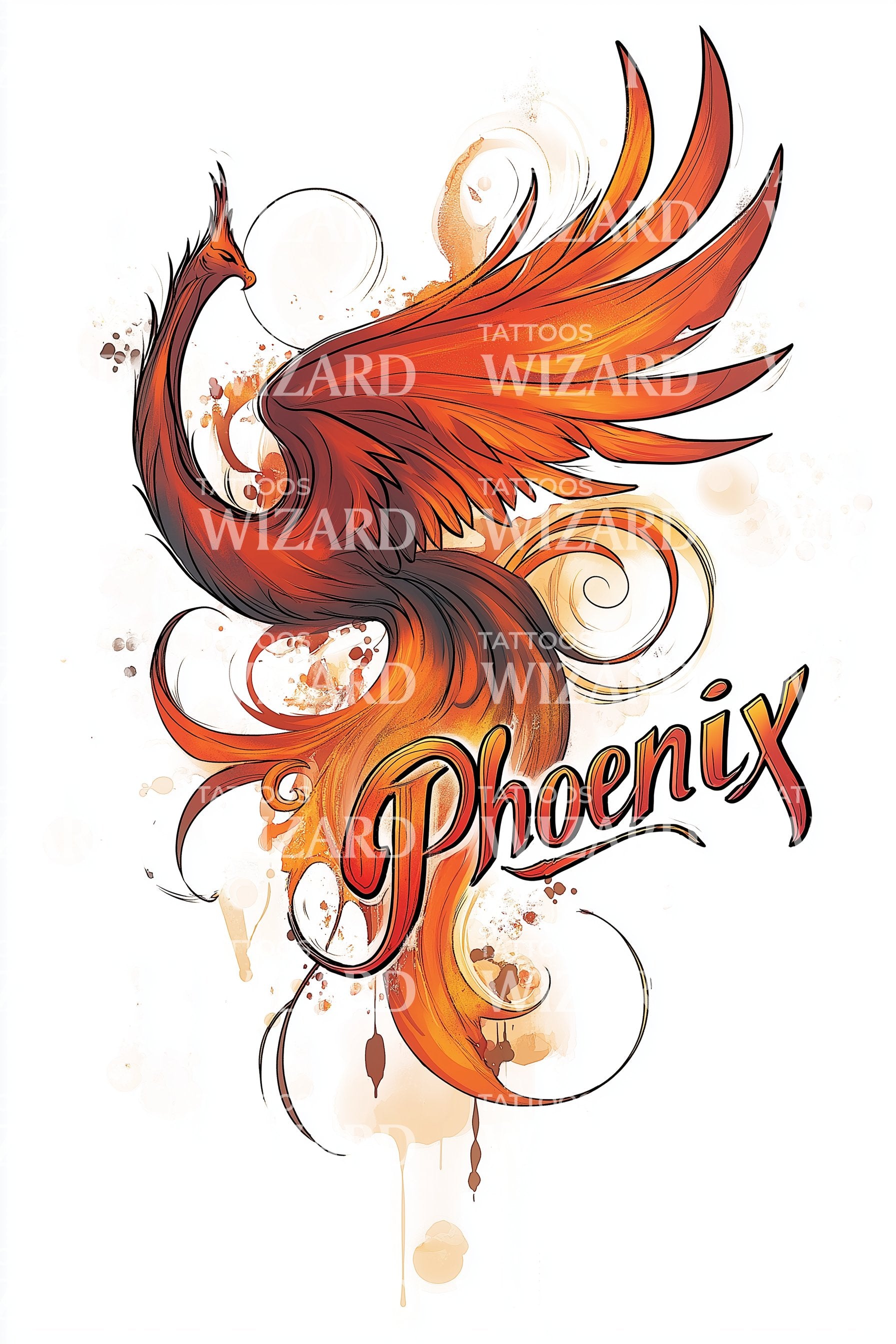 Rising Phoenix Script Tattoo Illustration – Tattoos Wizard Designs