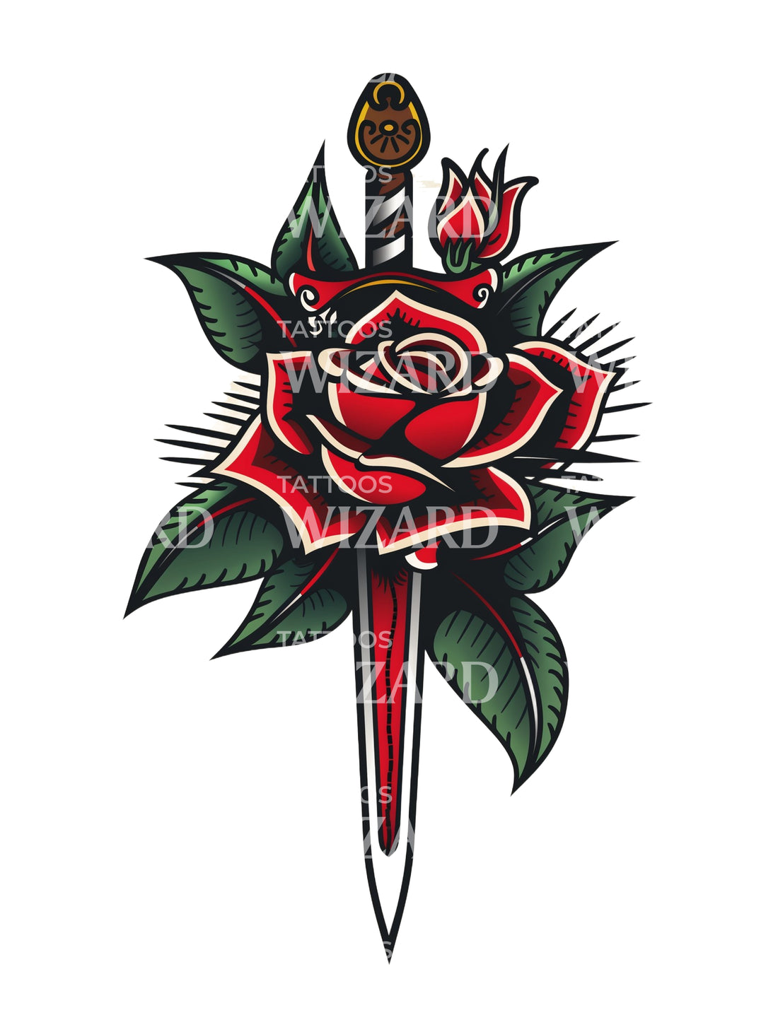 Rose and Dagger Traditional Tattoo Design – Tattoos Wizard Designs