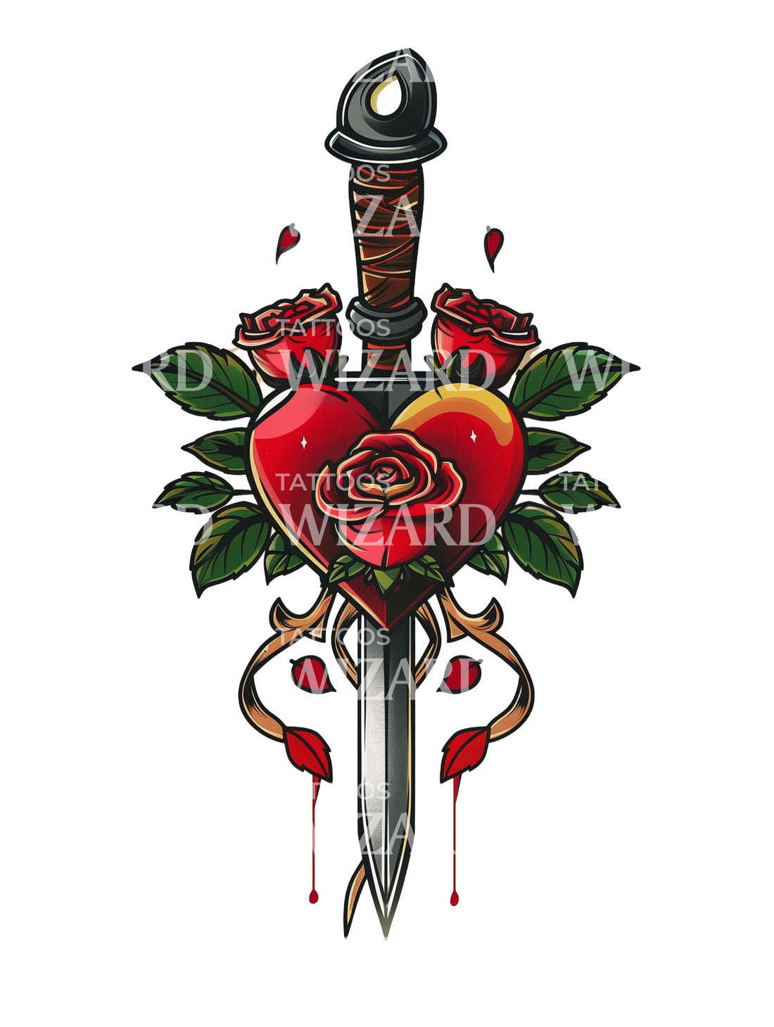 Sacred Heart with Red Roses and Dagger – Tattoos Wizard Designs
