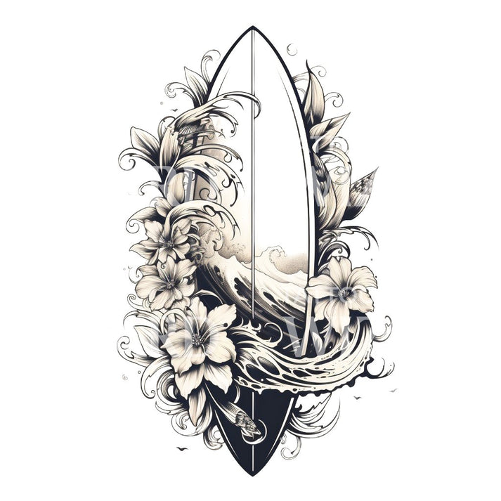 Surf Board Waves and Flowers Tattoo Design – Tattoos Wizard Designs