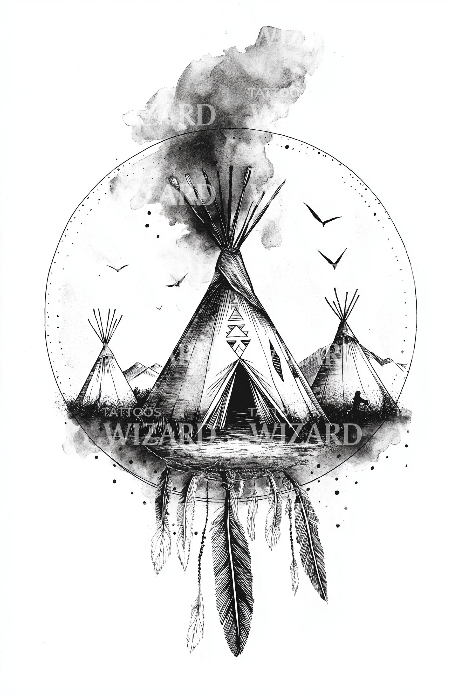 Smoke Over Teepees Tattoo Illustration Tattoos Wizard Designs