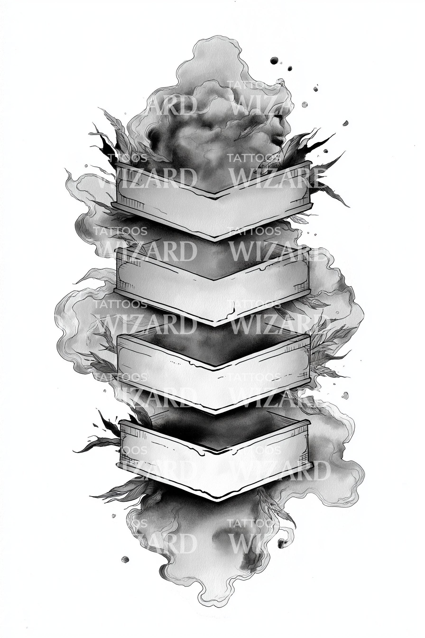 Smoky Floating Book Stack Tattoo Design – Tattoos Wizard Designs