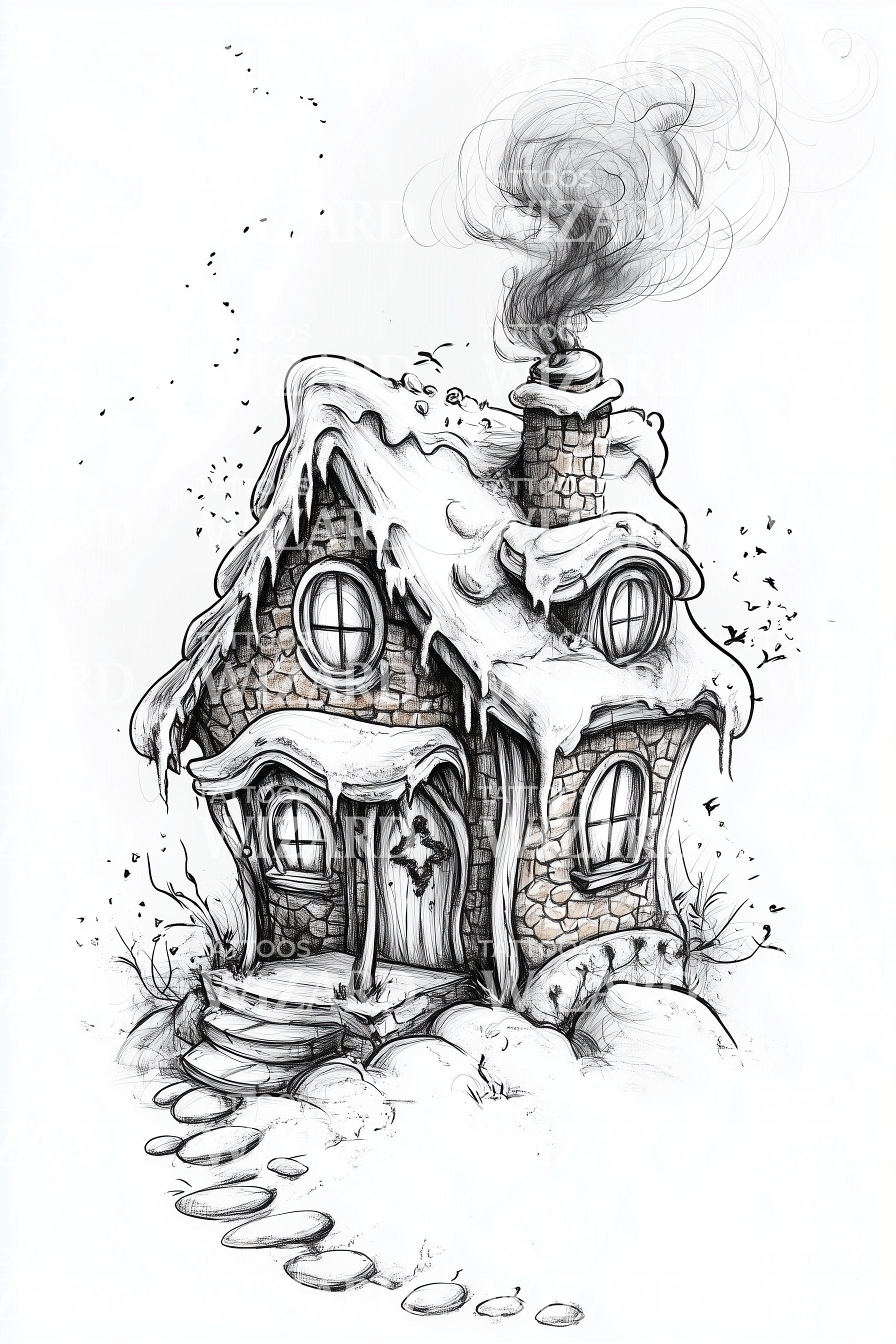 Snowy Fairy Tale Cottage Tattoo Design – Tattoos Wizard Designs