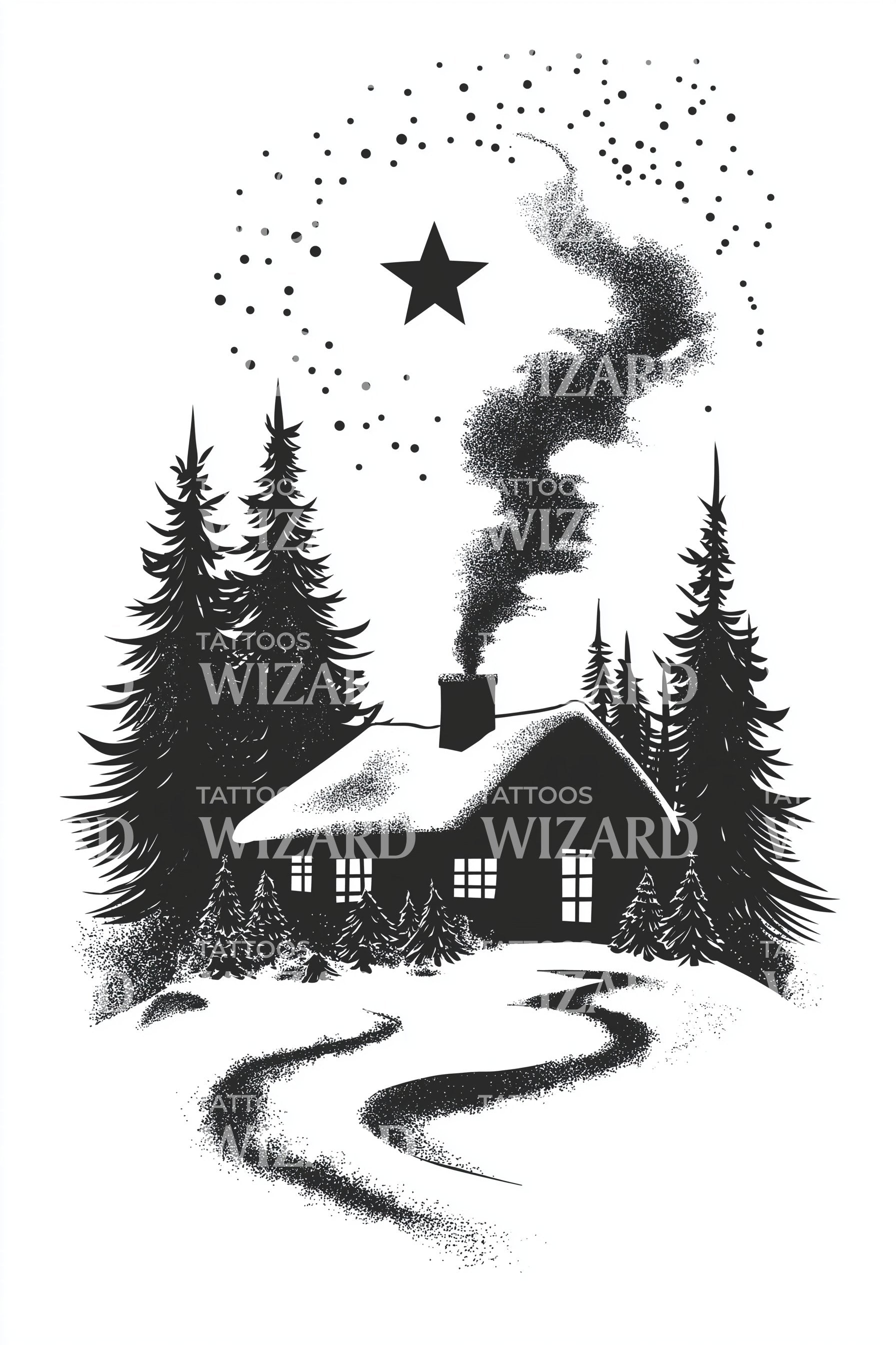Starry Winter Cabin Tattoo Design – Tattoos Wizard Designs