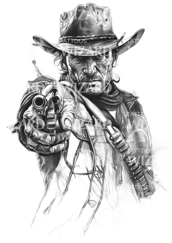 Strong Cowboy Pointing Revolver Tattoo Design – Tattoos Wizard Designs