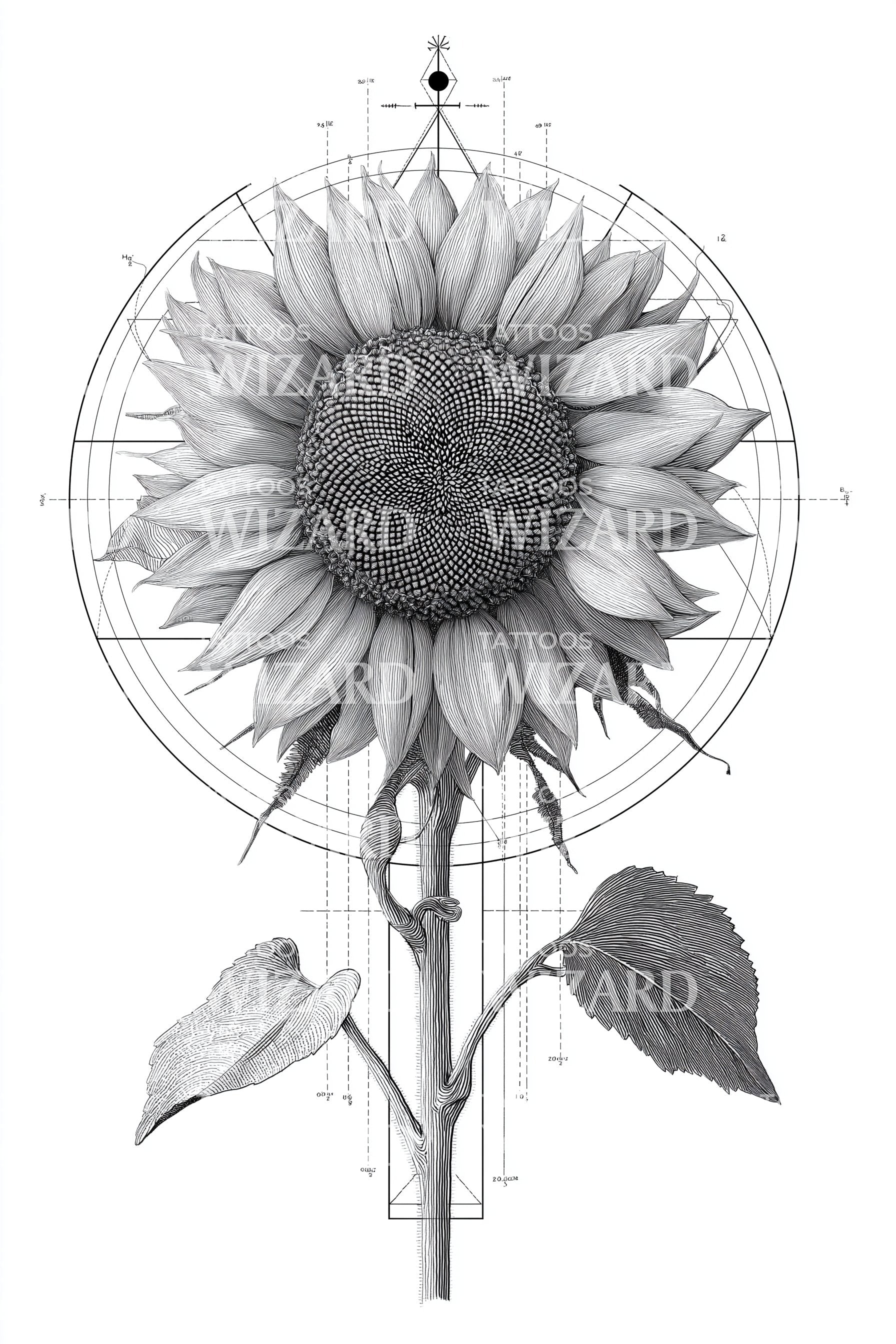 Sunflower Blueprint Tattoo Design – Tattoos Wizard Designs