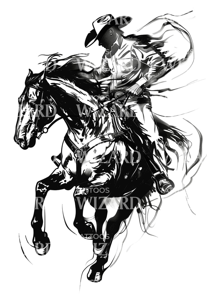Texas Cowboy Riding Like Lightning Tattoo Design – Tattoos Wizard Designs