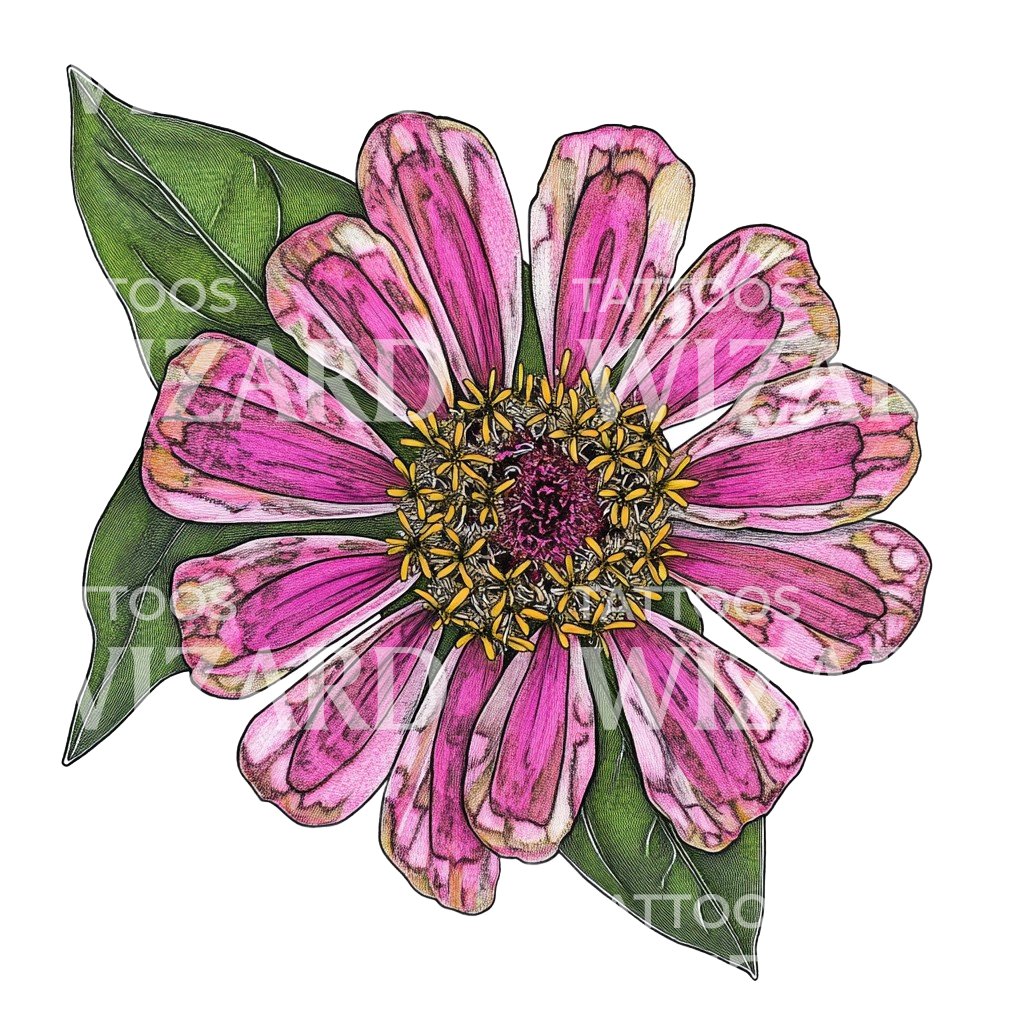 Traditional Pink Zinnia Flower Tattoo Design – Tattoos Wizard Designs