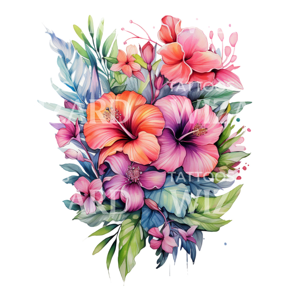 Hibiscus Bouquet Tropical Tattoo Design – Tattoos Wizard Designs